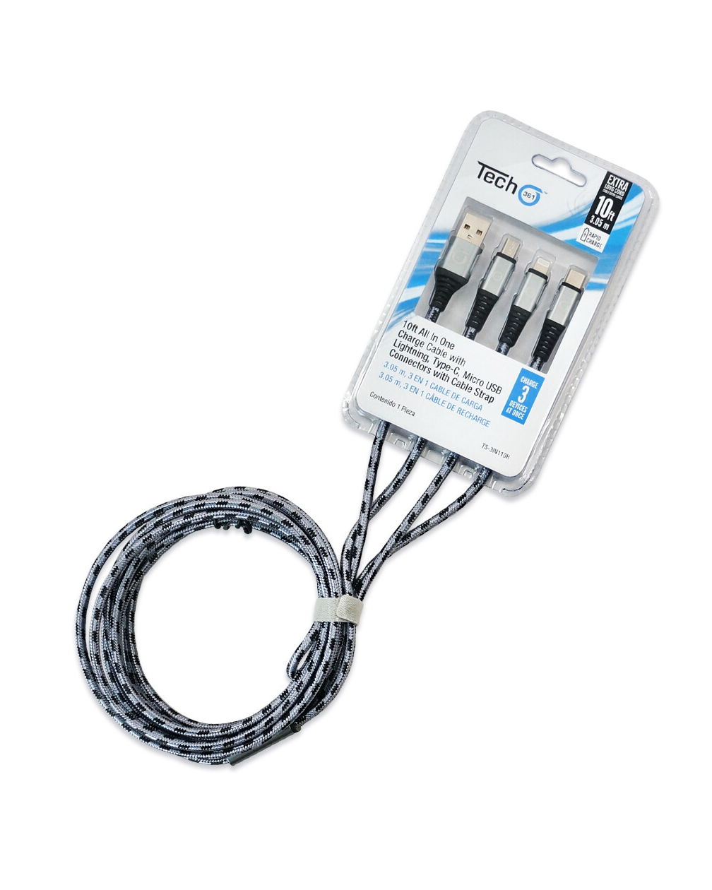 Cable de carga todo en uno de 10 pies con conectores Lightning, Type-C ...